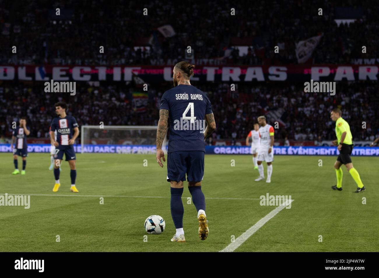 A back view of Sergio Ramos defending facing montpellier Stock Photo ...