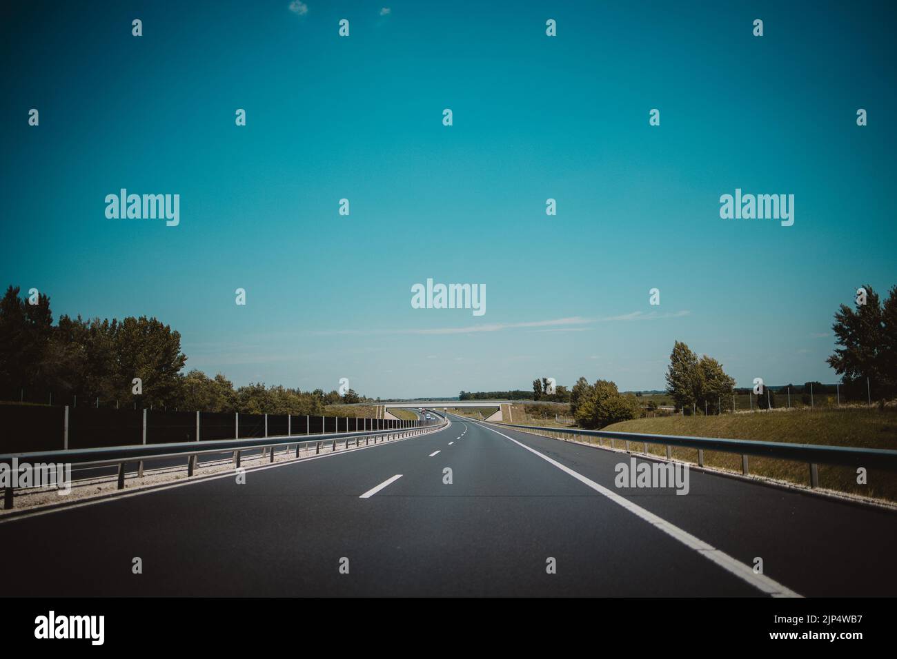 An empty highway road with white markings, railings and green trees ...