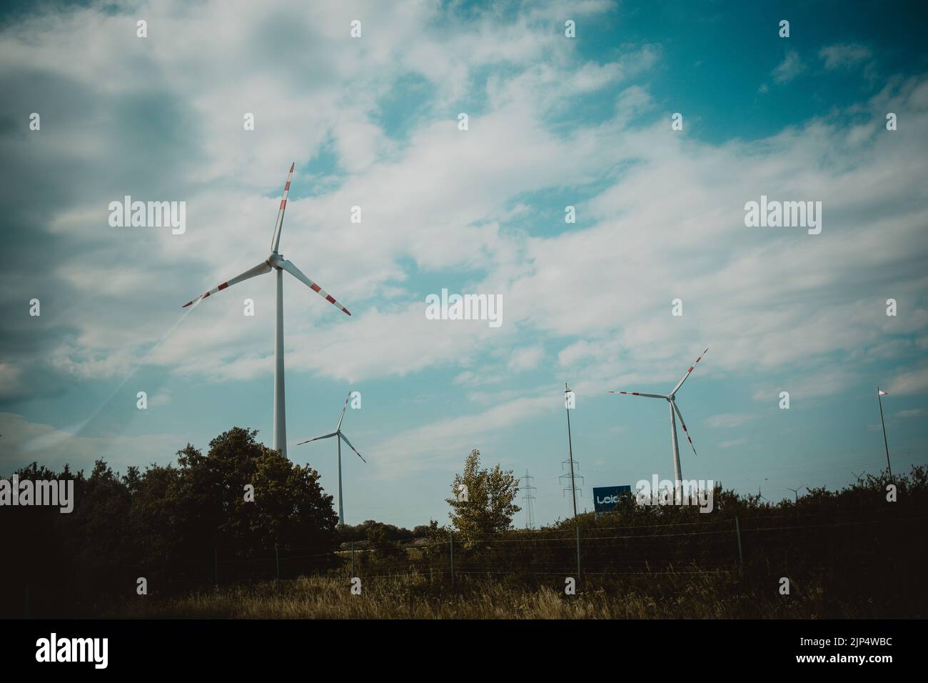 A wind power plant with modern wind turbines and trees under a blue sky ...