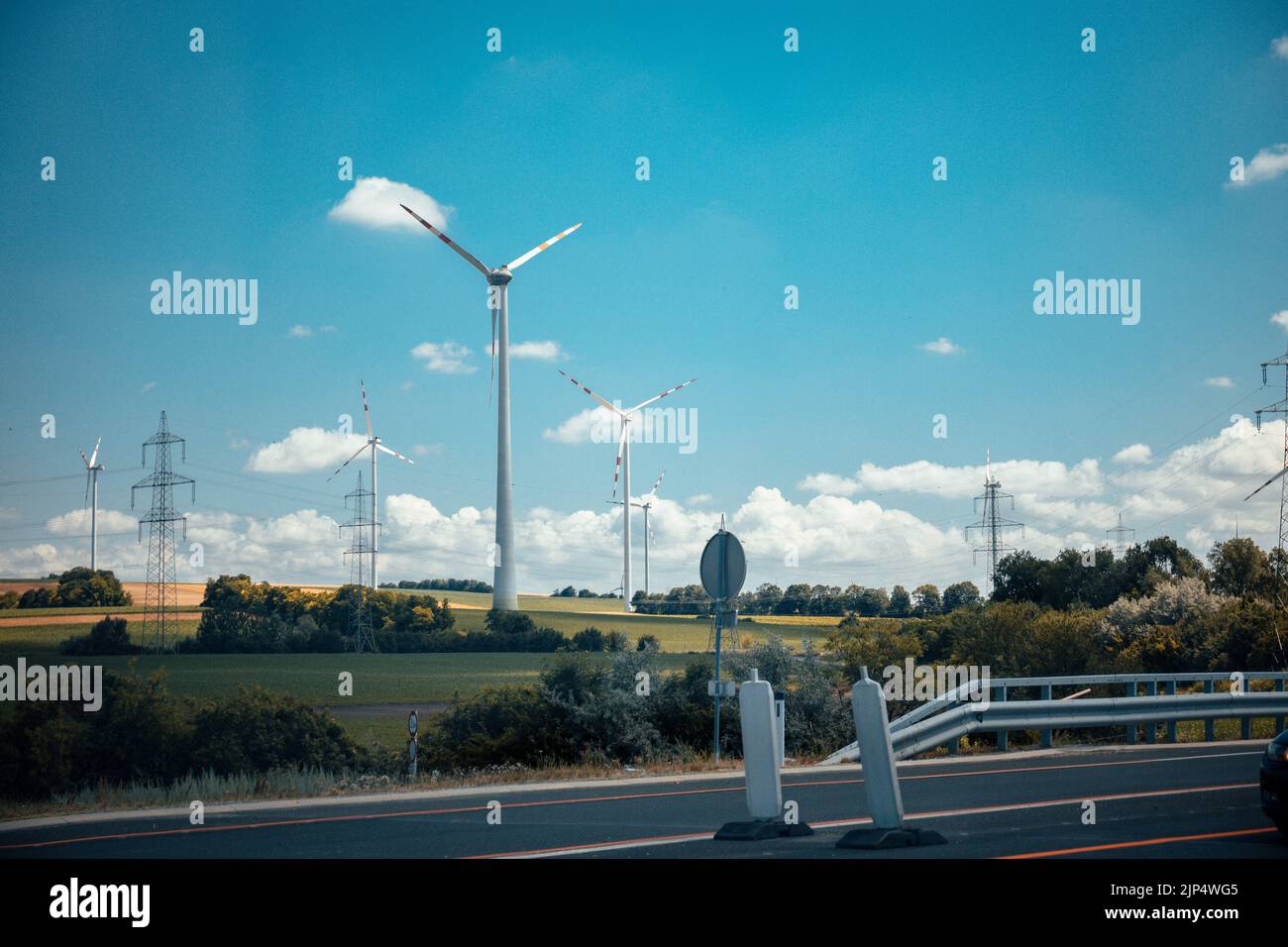 A wind power plant with modern wind turbines and electric power ...