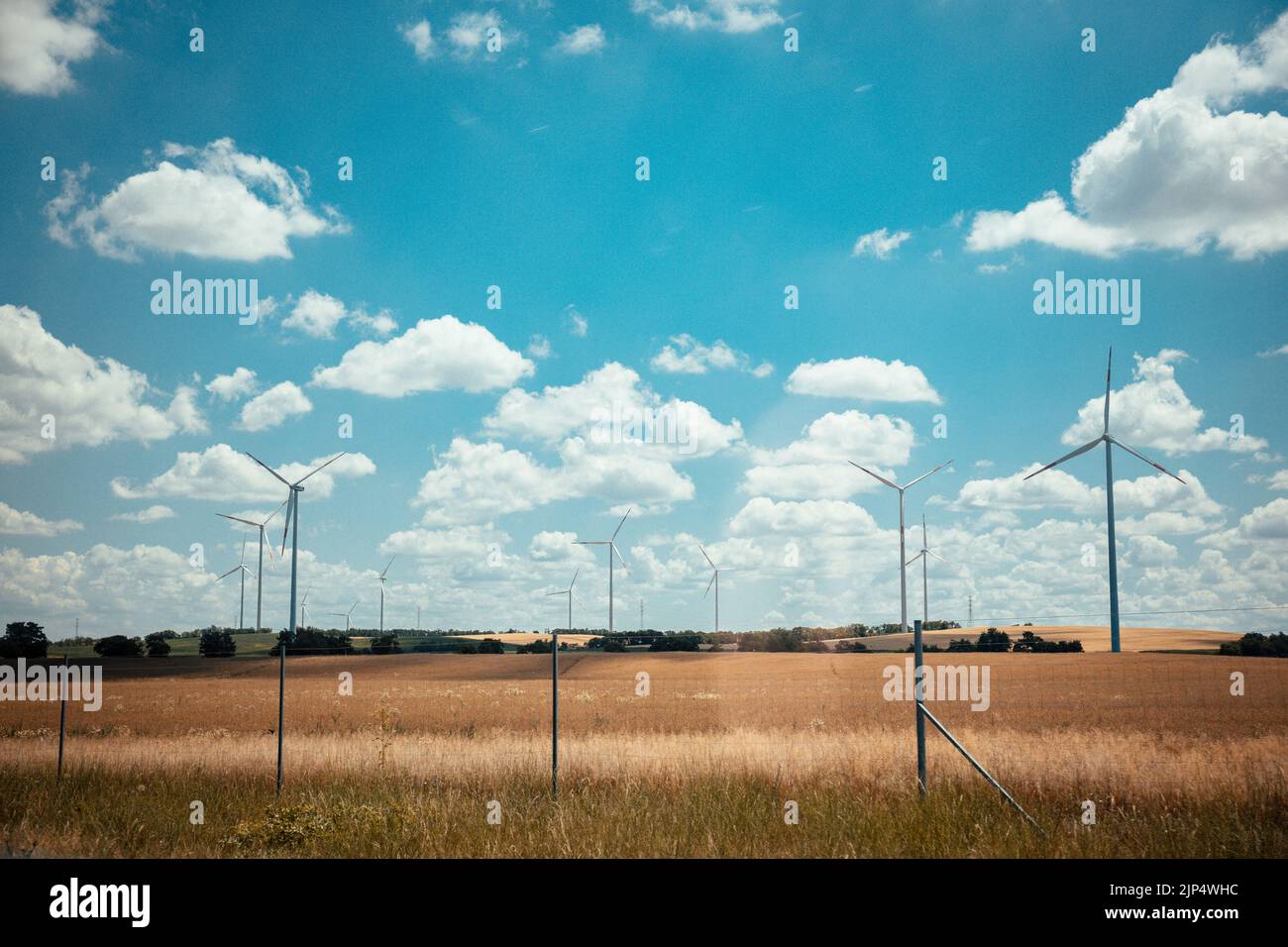 A wind power plant with modern wind turbines in a yellow field under a ...
