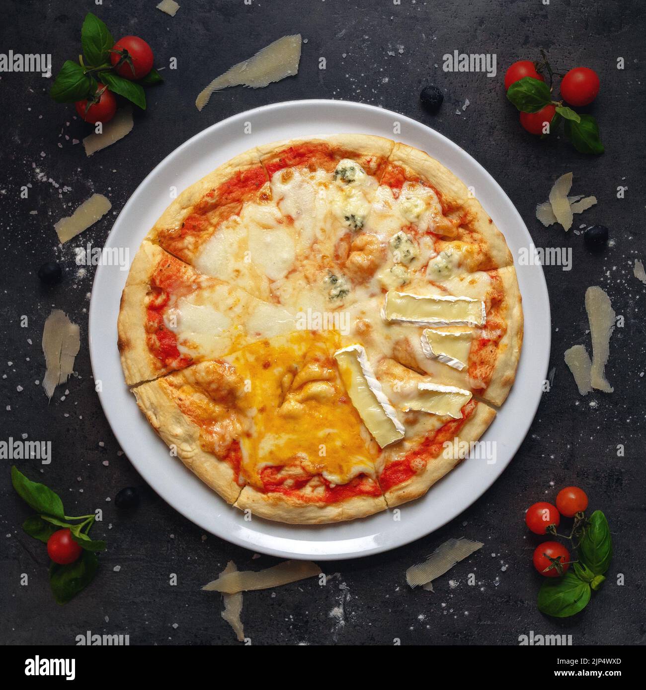Traditional italian 4 cheese pizza - 4 formaggi, top down Stock Photo ...