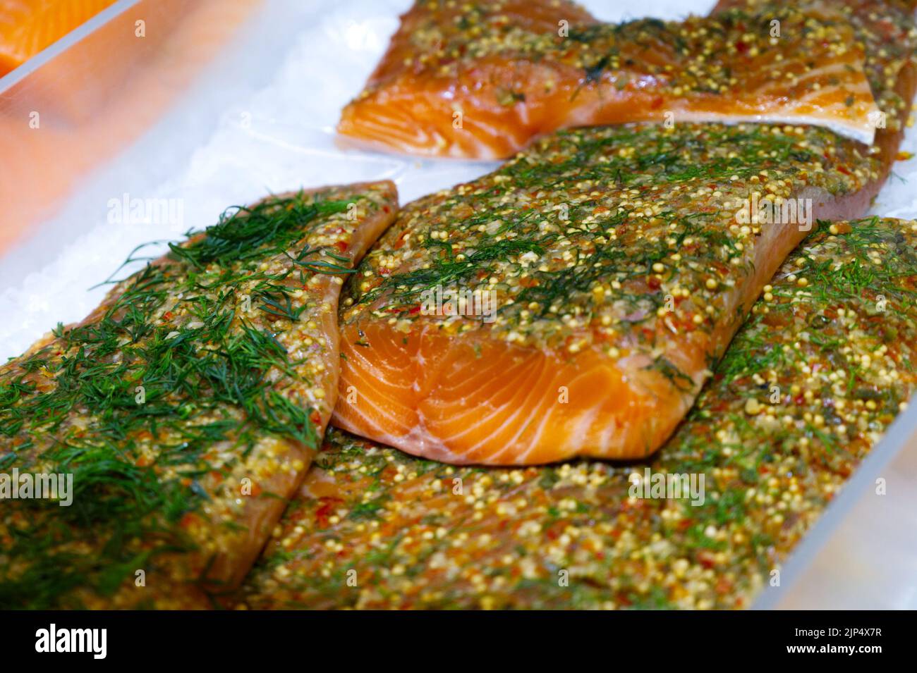 Salmon fish pink meat loaded with herbs and omega fats Stock Photo - Alamy