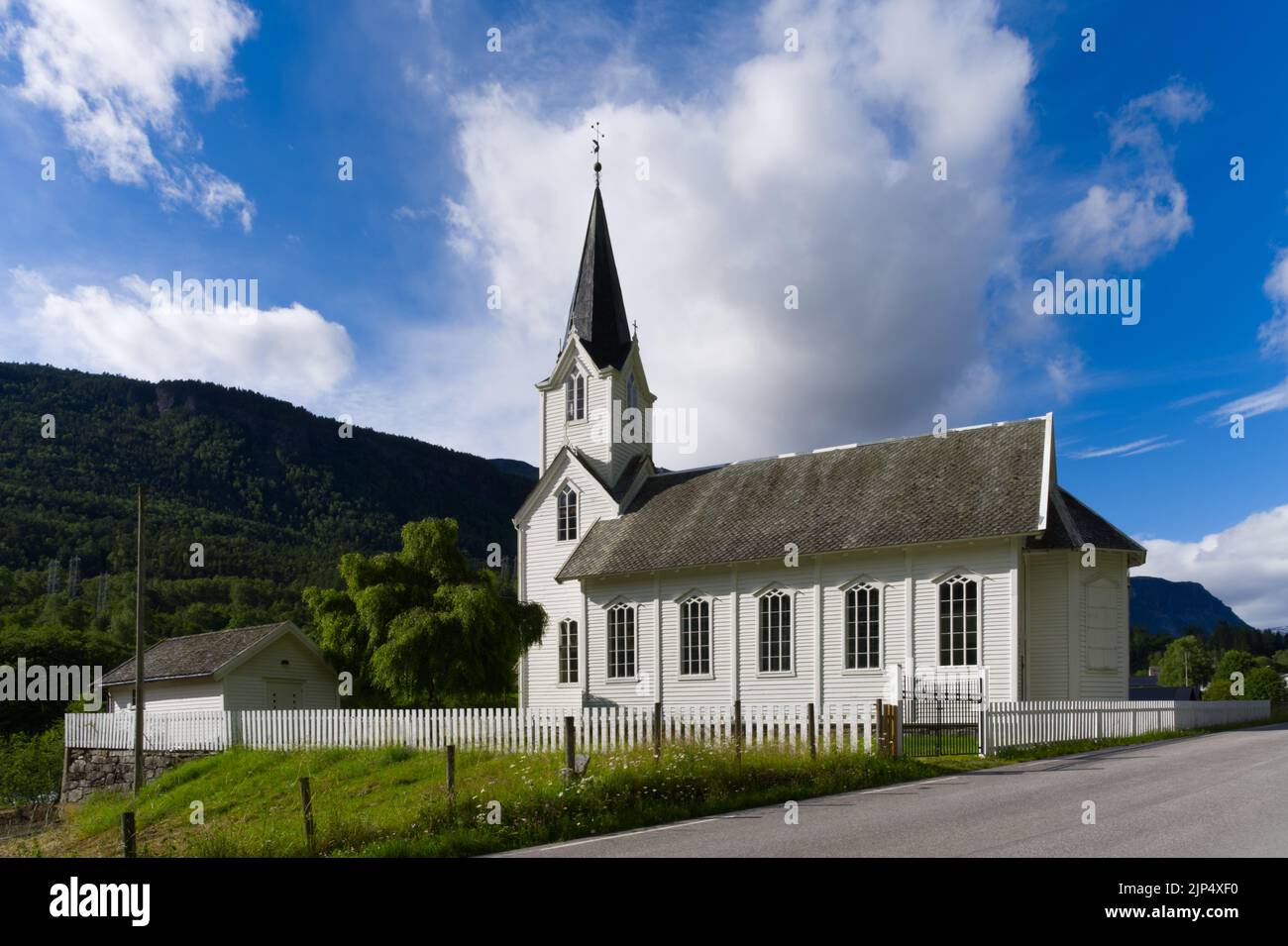 White church in Norway in Europe big panorama nice weather nordic Stock ...