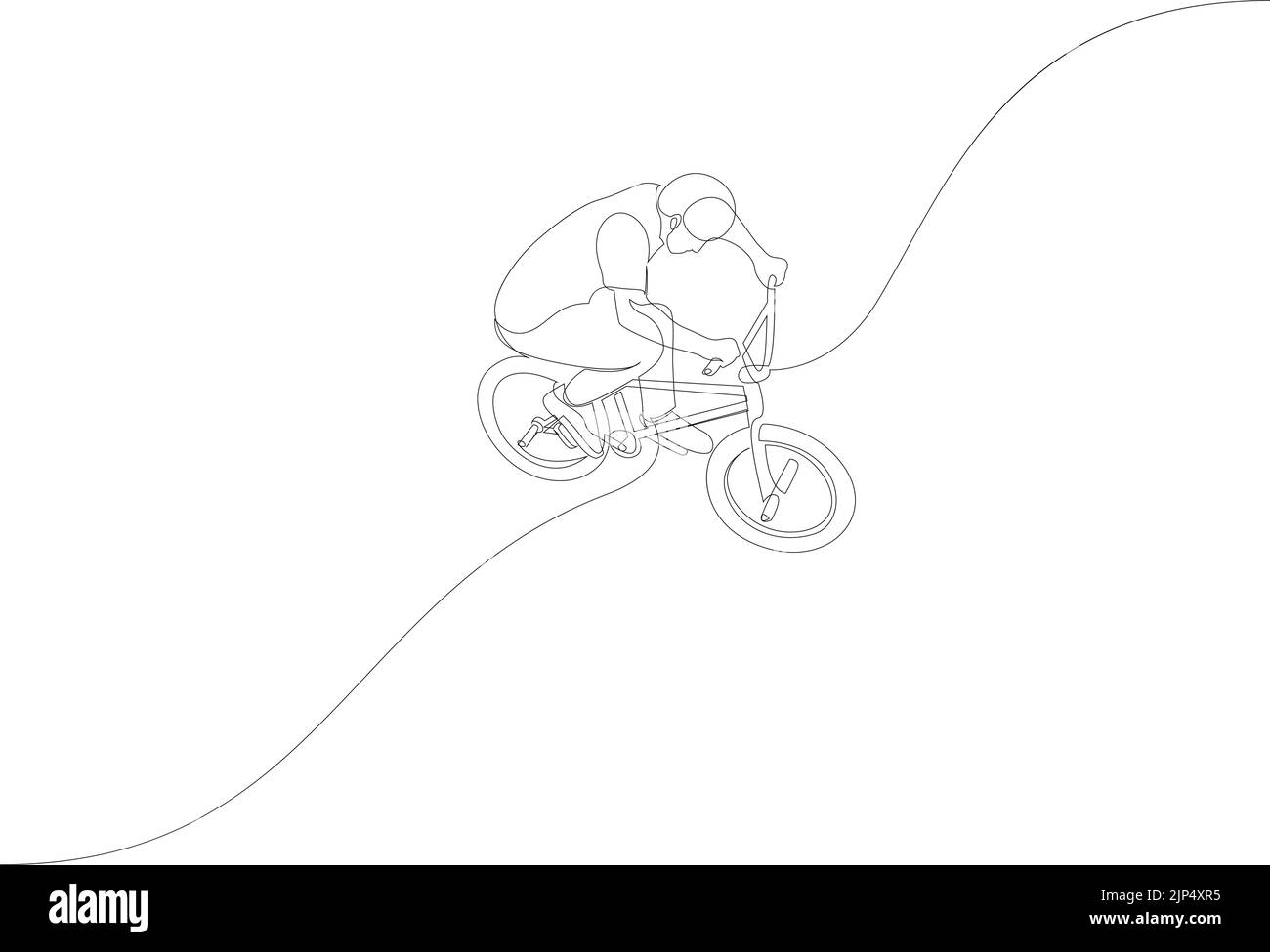 One continuous line drawing of young BMX bicycle rider does flying on ...