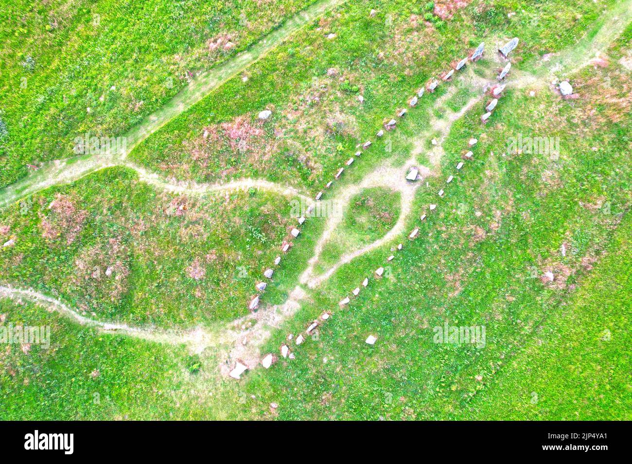 Stone ship at Blomsholm, Sweden megalith from iron age aerial view ...