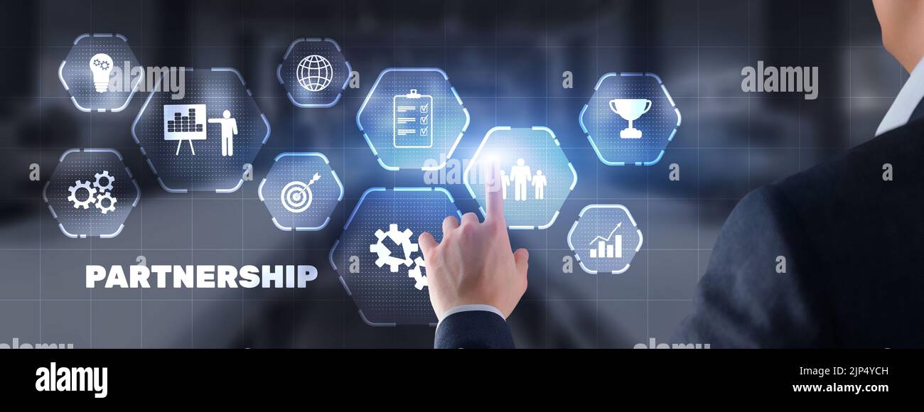Business partnership and success concept. Businessman presses finger ...
