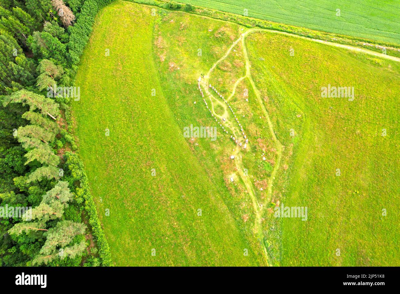 Stone ship at Blomsholm, Sweden megalith from iron age aerial view ...