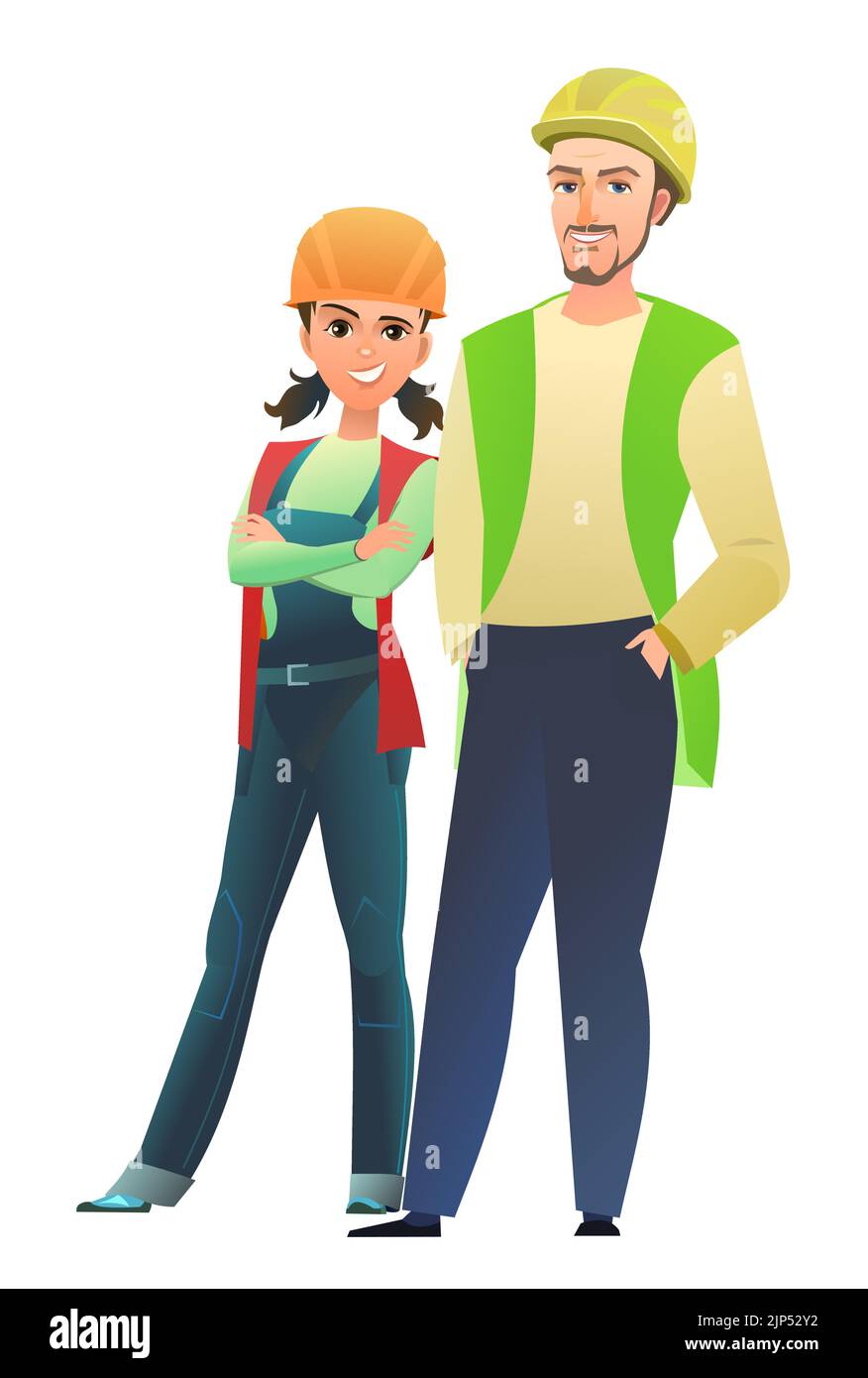 Man and woman builder in vest and protective helmet. Guy worker ...