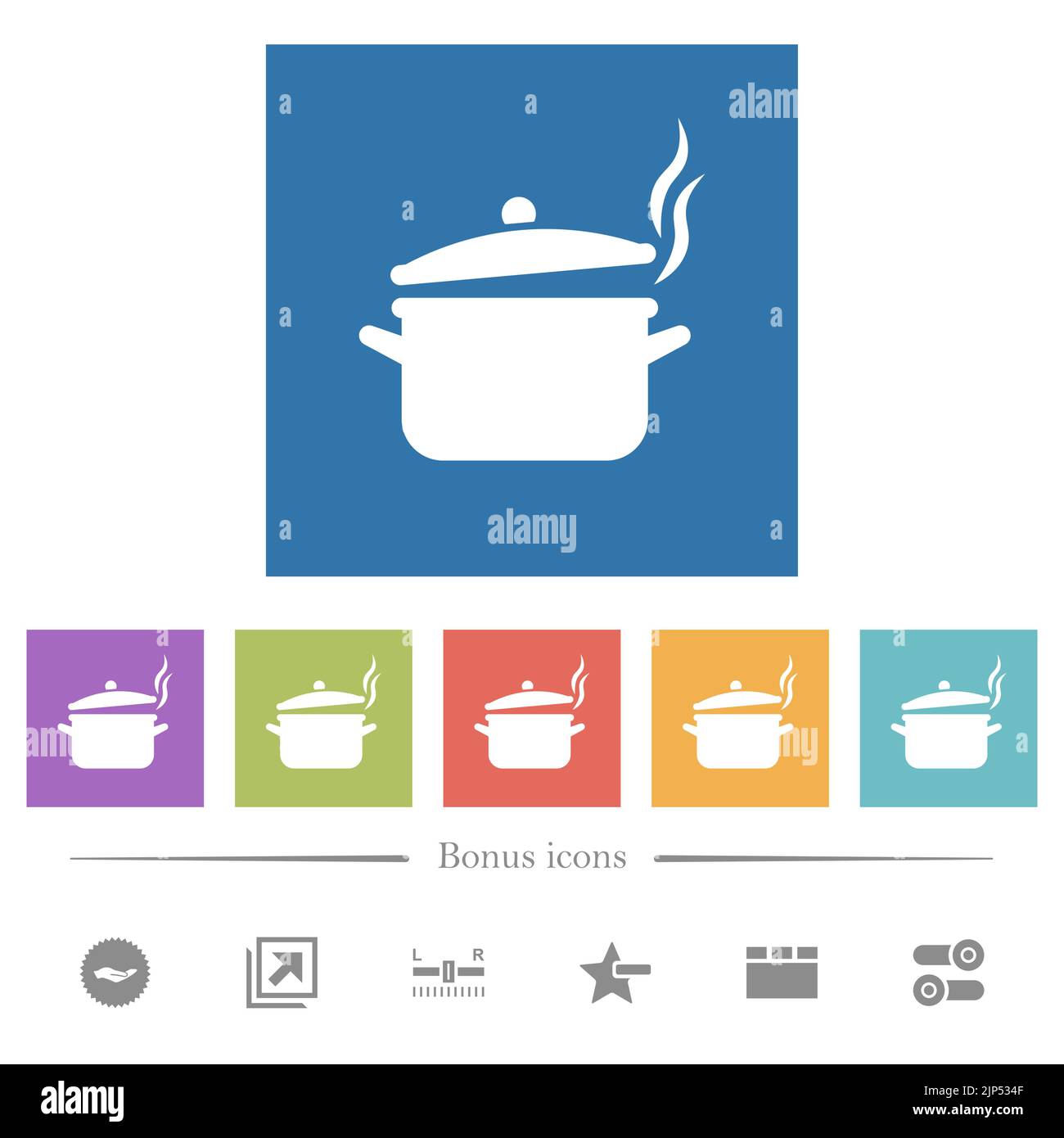 Steaming pot with lid flat white icons in square backgrounds. 6 bonus ...
