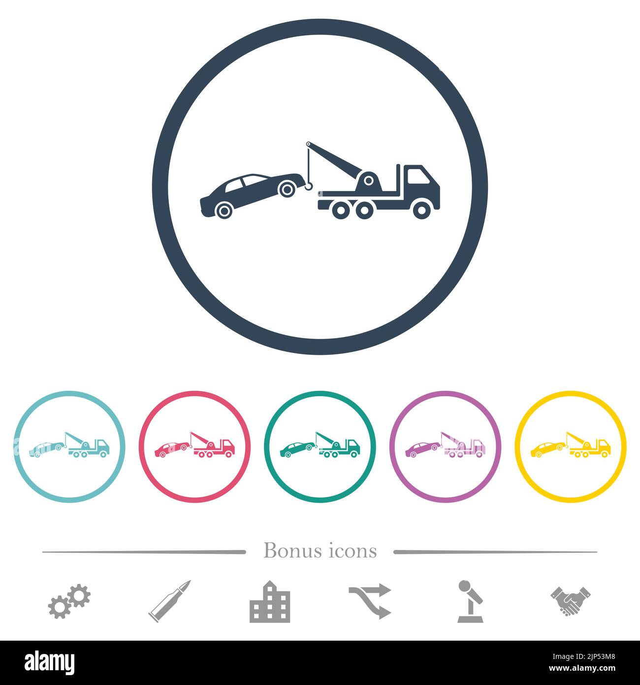 Car towing flat color icons in round outlines. 6 bonus icons included ...