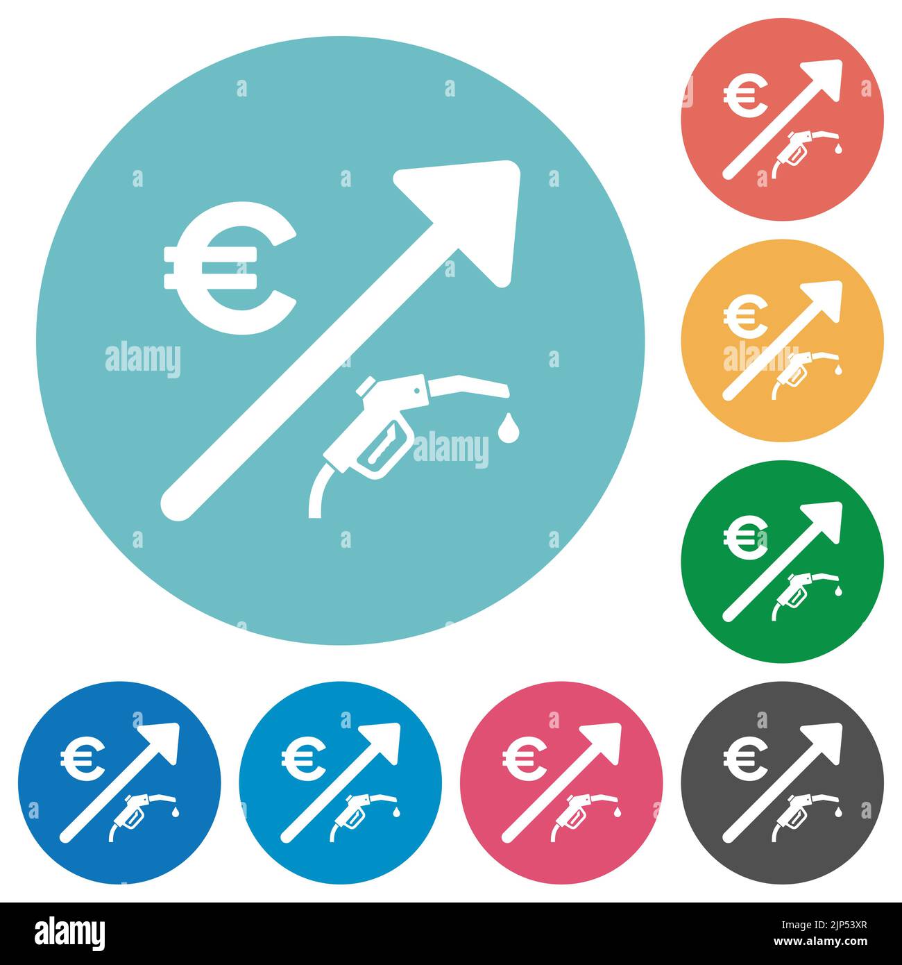 Rising fuel european Euro prices flat white icons on round color ...