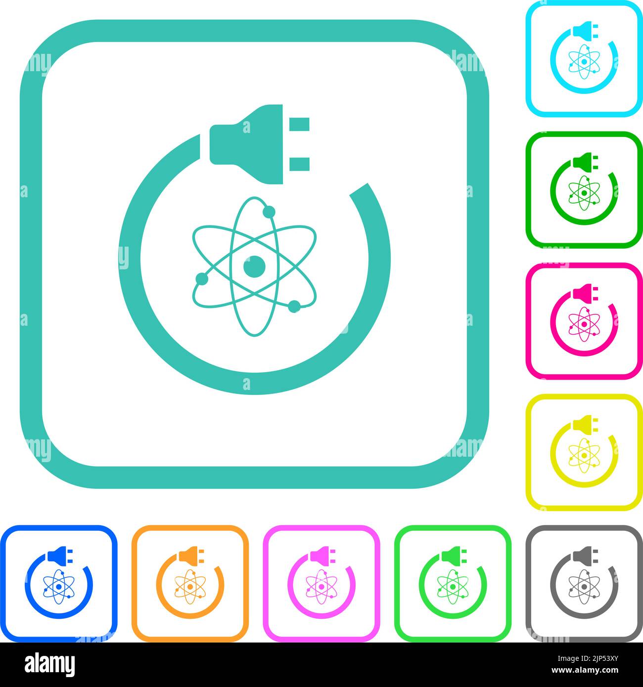 Atomic energy vivid colored flat icons in curved borders on white ...