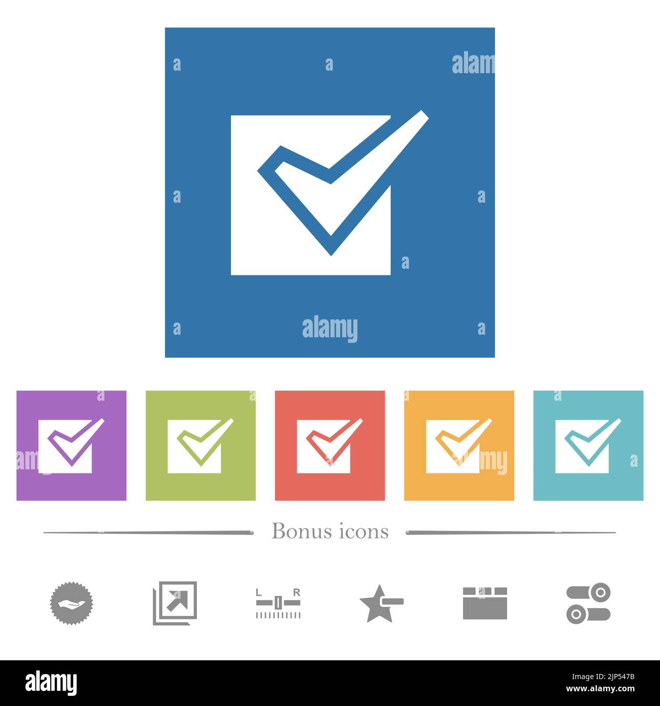 Checked box solid flat white icons in square backgrounds. 6 bonus icons ...