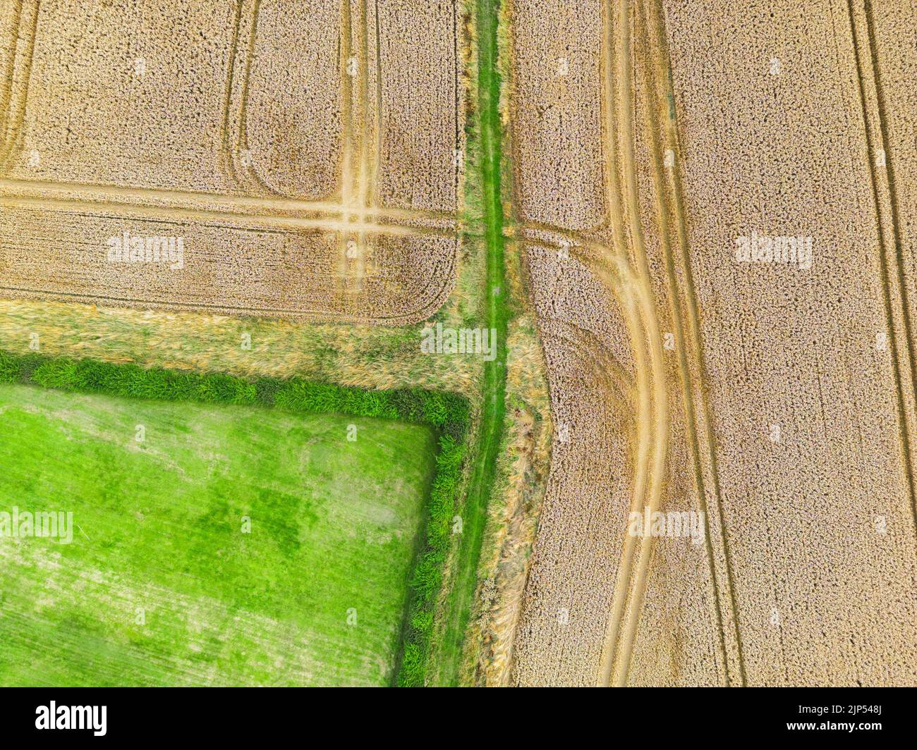 Aerial view of agricultural farmland use shot by a drone. Crop farming ...