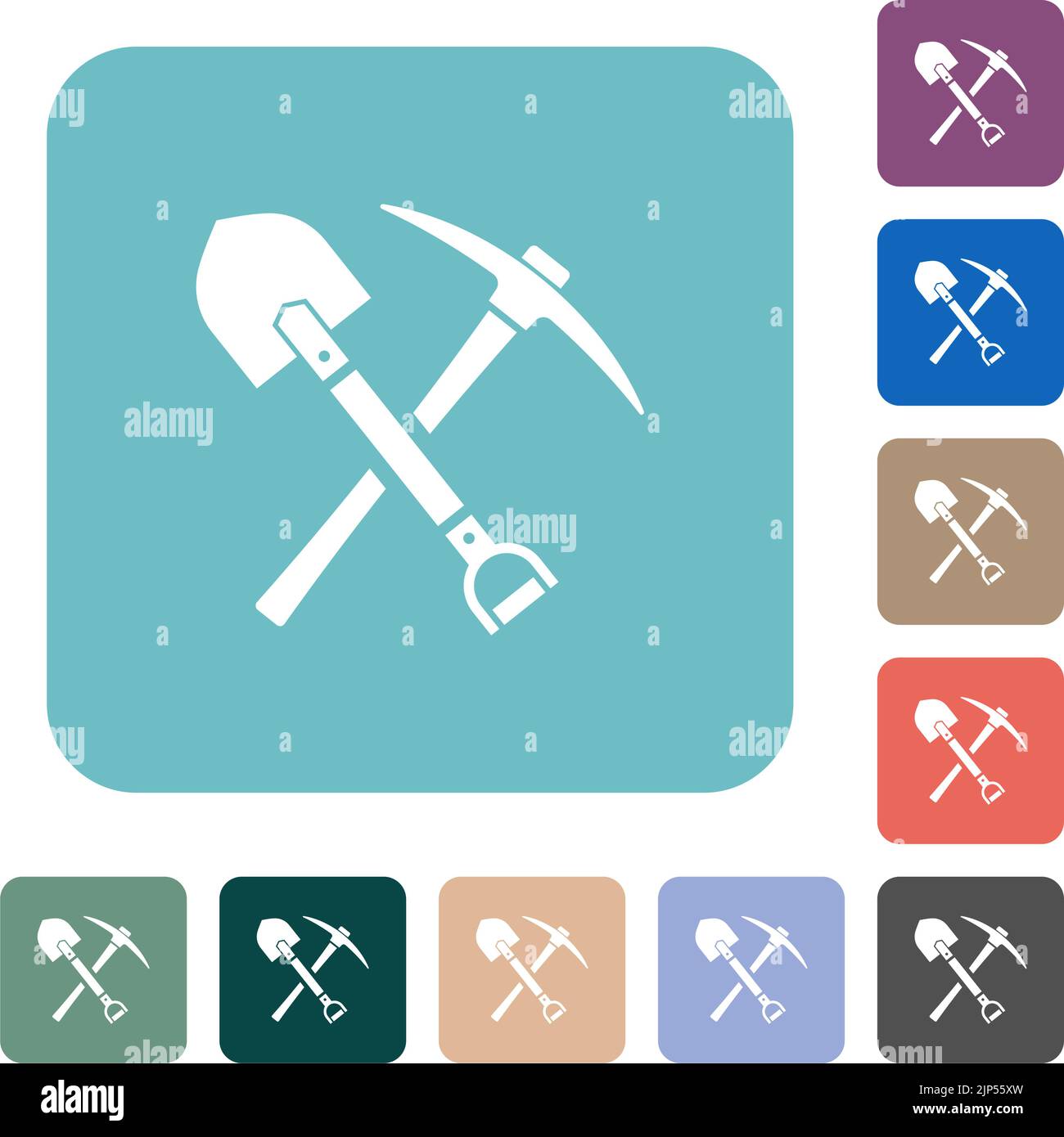 shovel and pickaxe white flat icons on color rounded square backgrounds ...