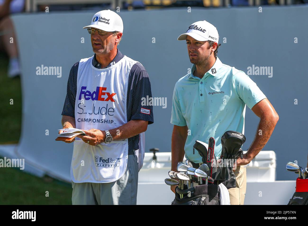 August 13, 2022: Davis Riley and his caddie on the first tee during the ...