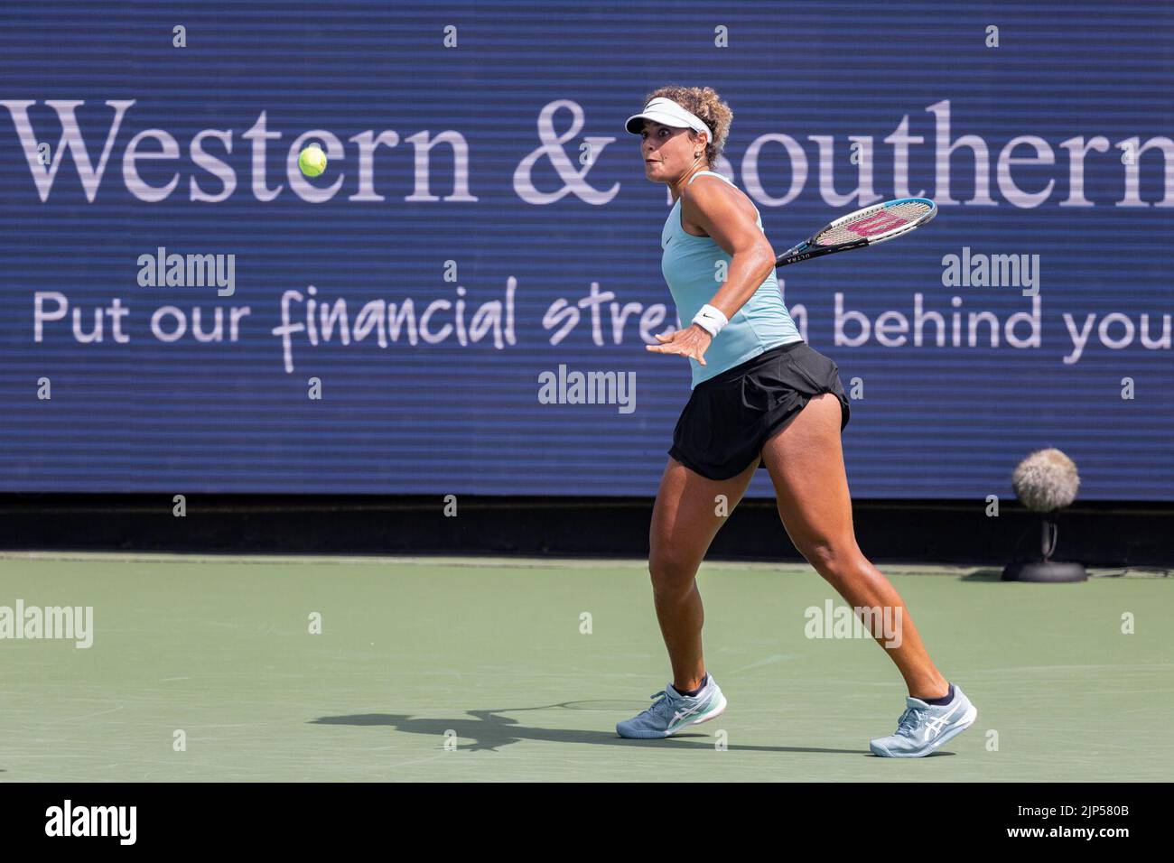 Mason, Ohio, USA. 15th Aug, 2022. Mayar Sherif (EGY) hits a forehand ...