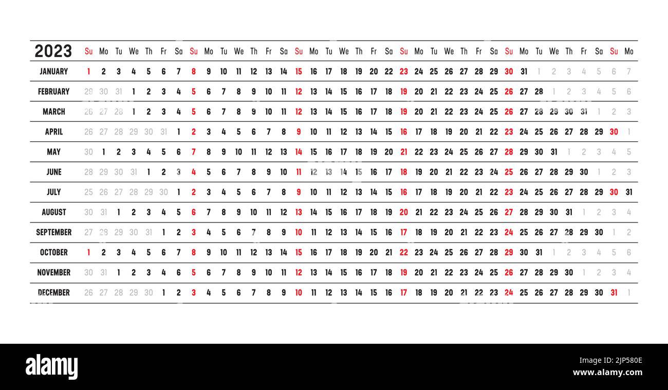 Year 2023 wall calendar with aligned dates. One page vector template ...