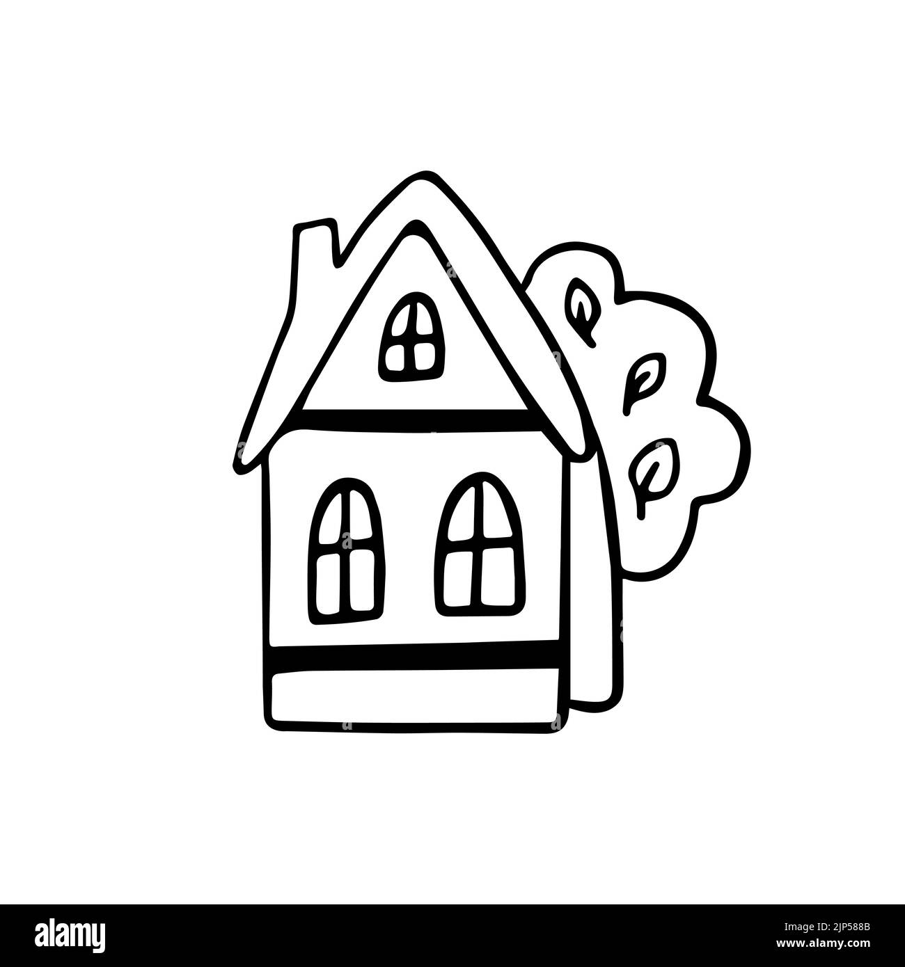 Village house line drawing isolated. Small house with a tree. Cute ...