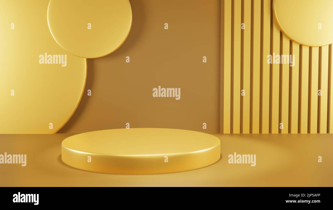 Abstract 3D podium with lighting gold color on a yellow background ...
