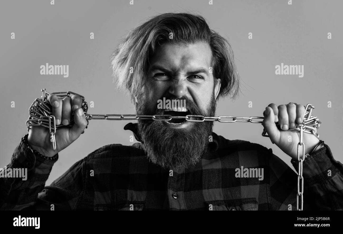 strong teeth. casual and denim trends. handsome man demonstrate power ...