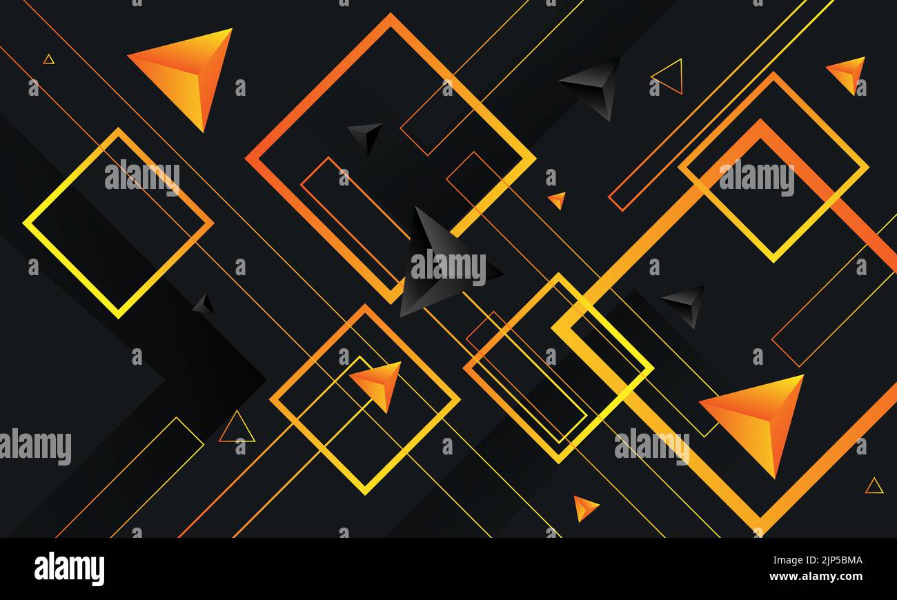 An abstract design of orange triangles and square outlines on black background Stock Vector ...