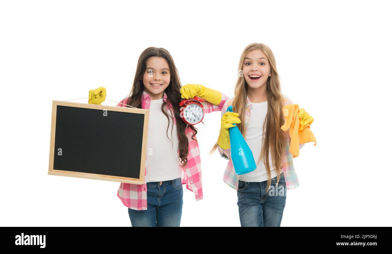 Household duties. Girls with rubber protective gloves ready for ...