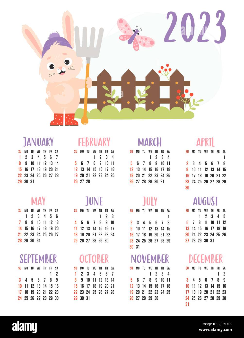 Calendar 2023 with cute rabbit farmer with rake, fence and butterfly ...
