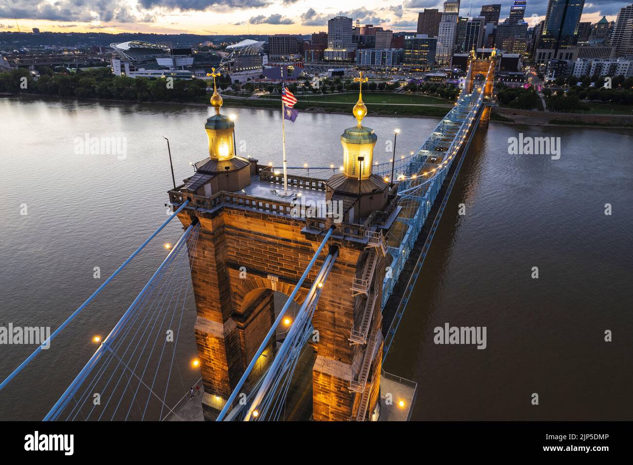 An aerial view of the John A. Roebling Suspension Bridge Stock Photo ...