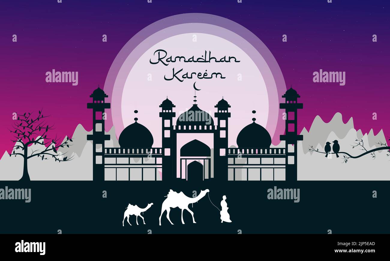 A purple vector for Ramadan with a white mosque in a desert with camels ...