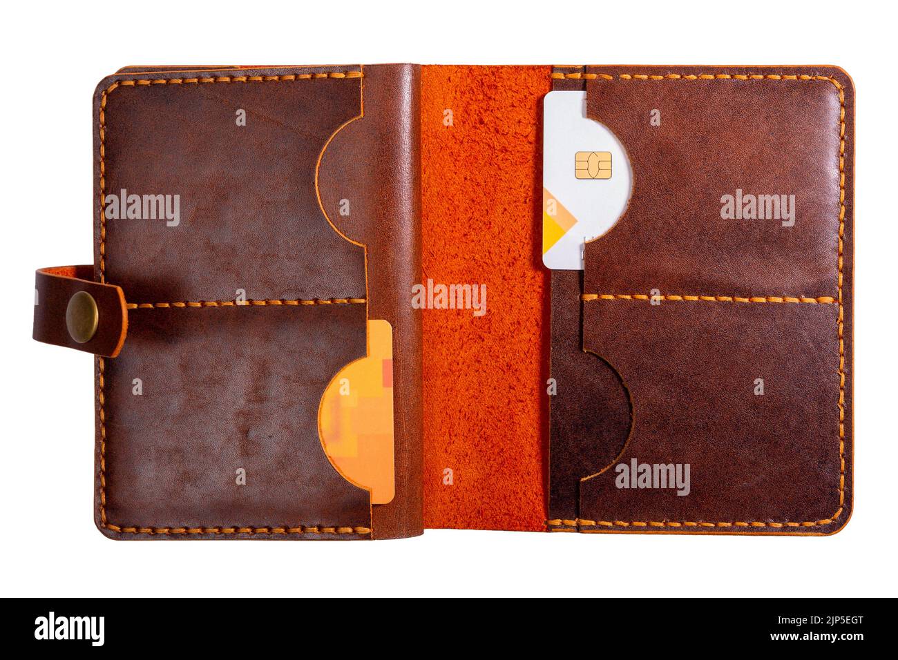 Open brown mens wallet with credit cards isolated on a white background ...