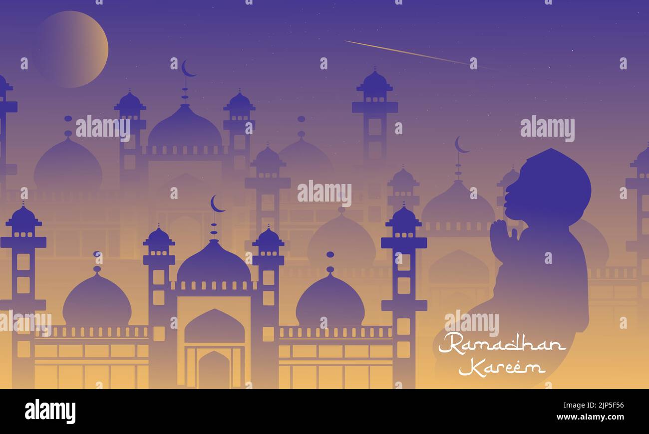 A purple and gold vector for Ramadan with a mosque and a child praying ...