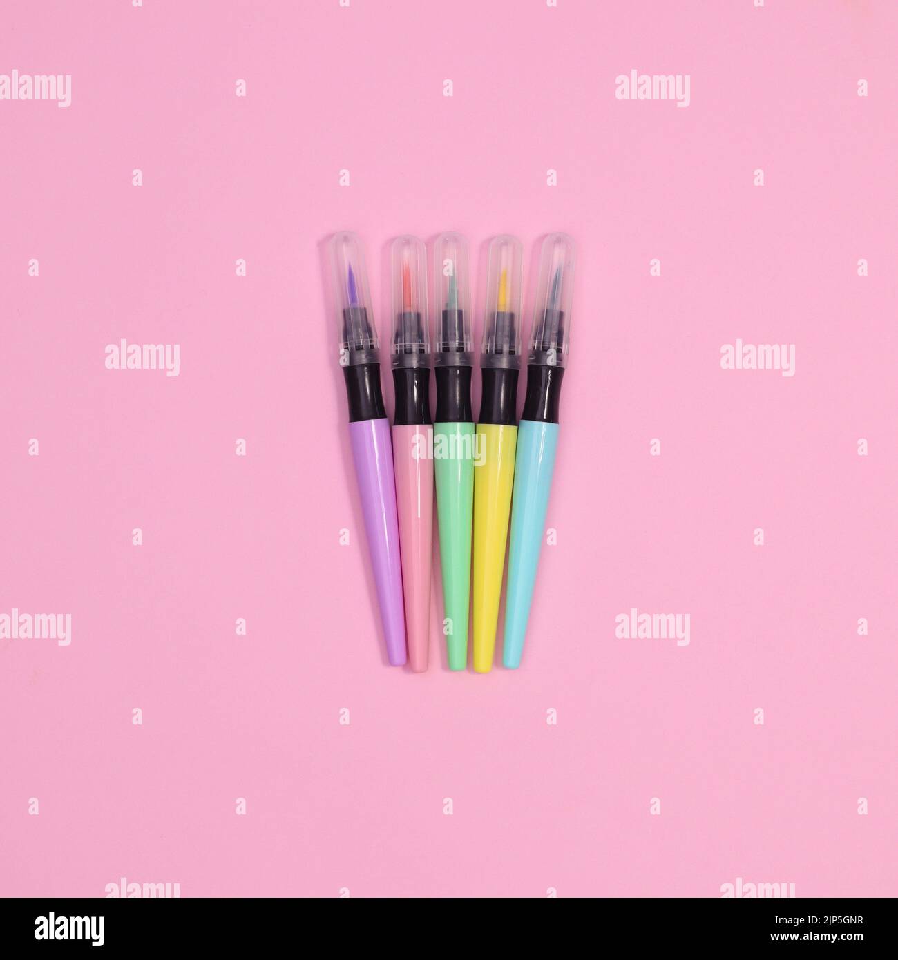 Pastel colors felt pens on pastel pink background. Flat lay Stock Photo ...
