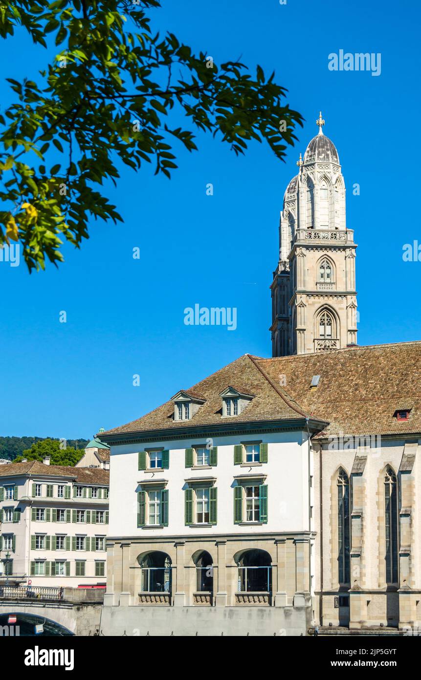 View of Grossmunster, a Romanesque-style Protestant church in Zurich ...