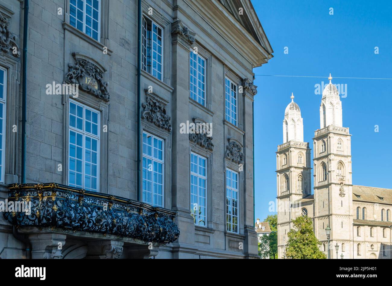 View of Grossmunster, a Romanesque-style Protestant church in Zurich ...