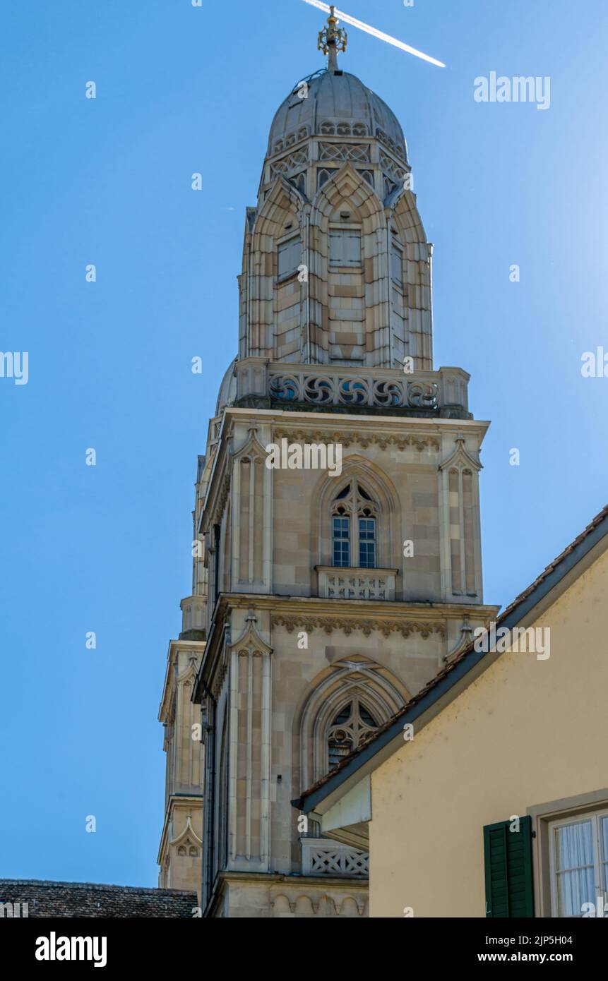 View of Grossmunster, a Romanesque-style Protestant church in Zurich ...