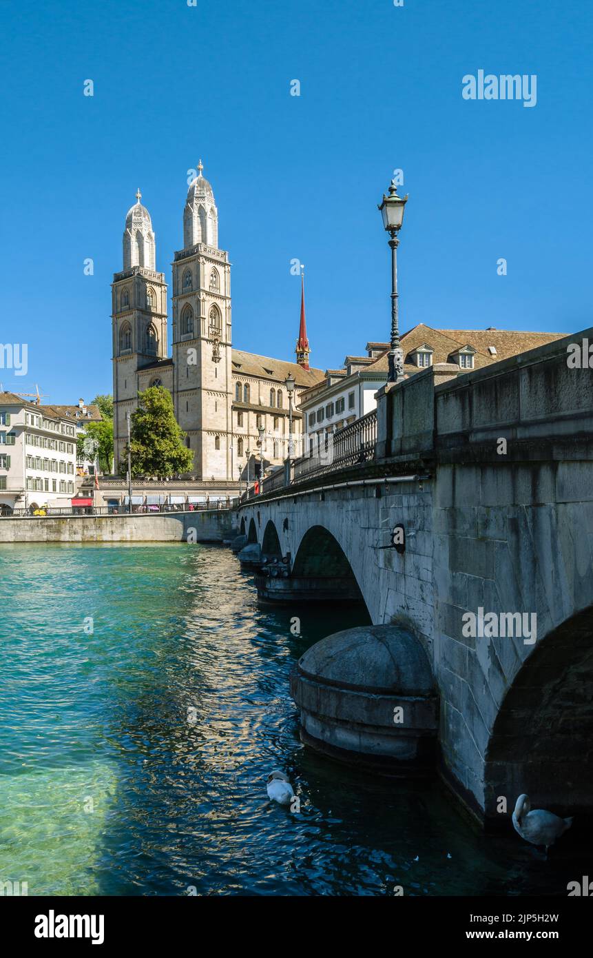 View of Grossmunster, a Romanesque-style Protestant church in Zurich ...