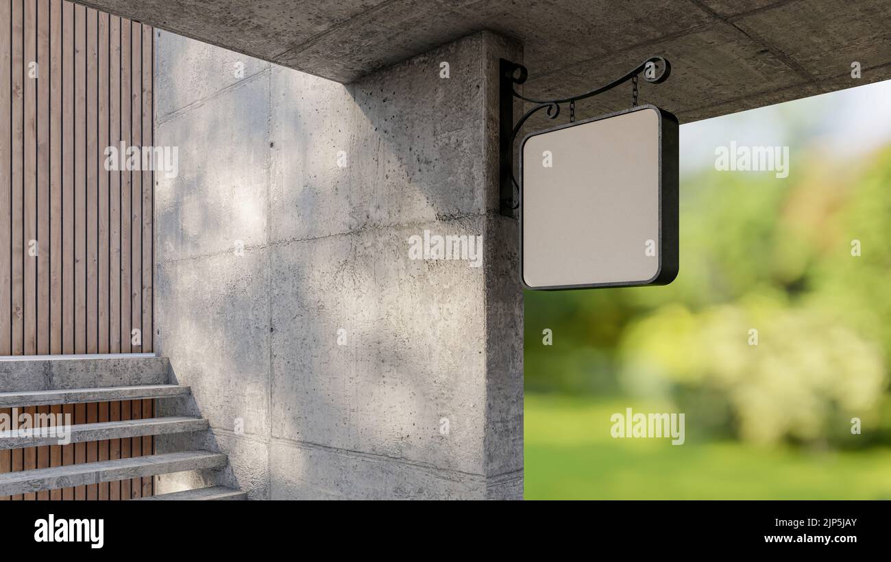 A 3d rendering image of sign on the concrete wall and wooden wall Stock ...
