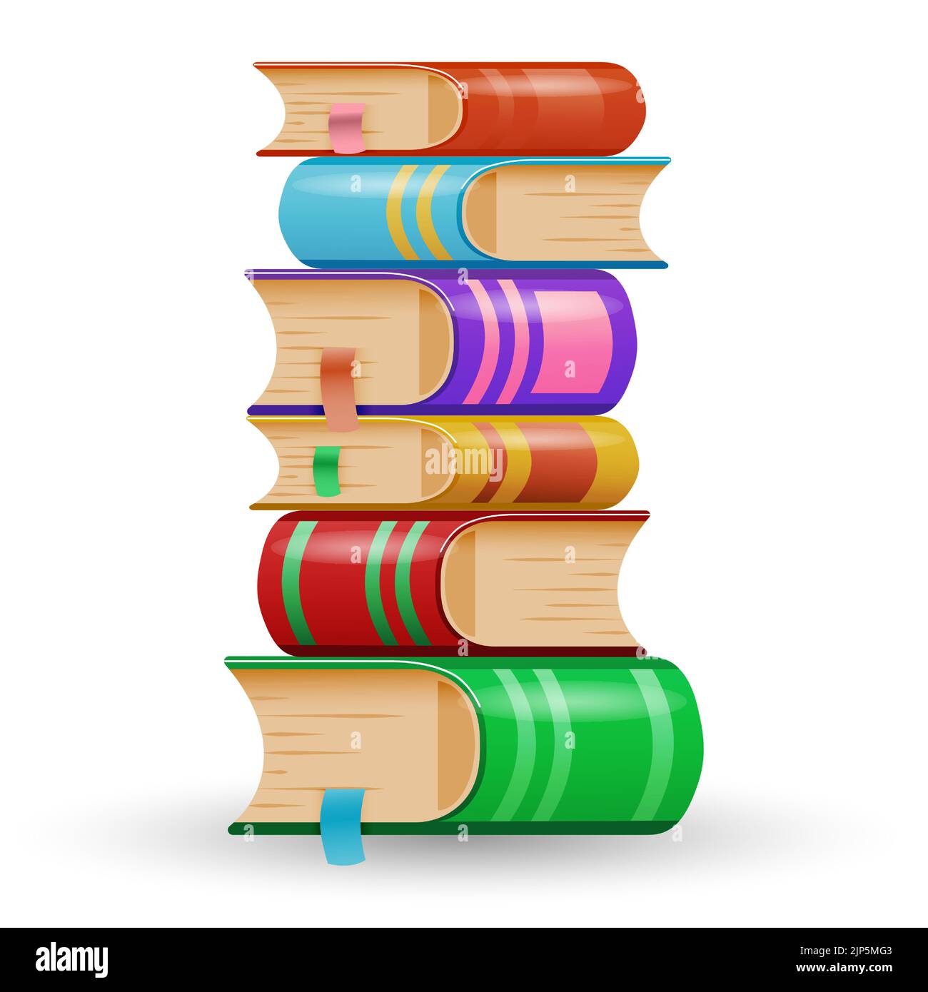 Stack of books with bookmarks isolated on white background. A ...