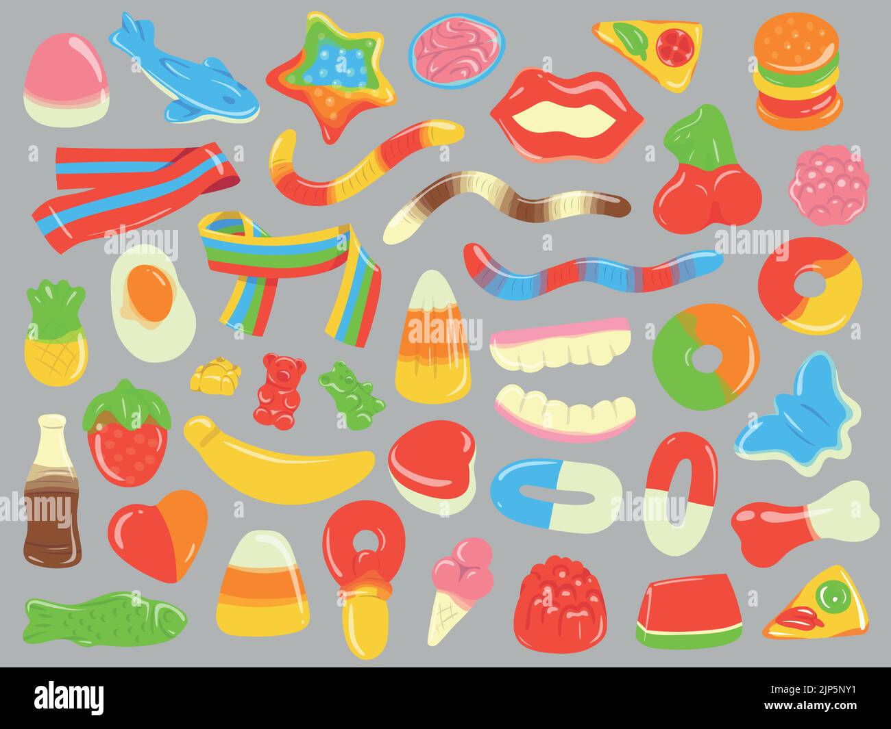 Collection of colorful cartoon gummy and jelly candies. Isolated hand ...