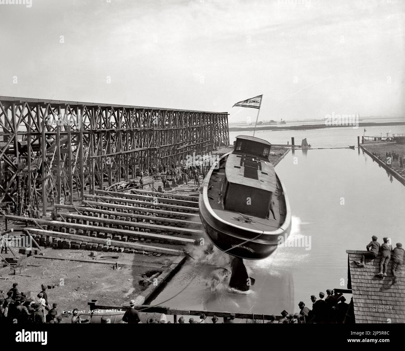 The launch of fireboat James Battle -c Stock Photo - Alamy