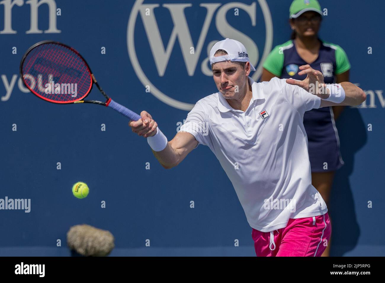 Mason, Ohio, USA. 15th Aug, 2022. John Isner (USA) hits a forehand shot ...