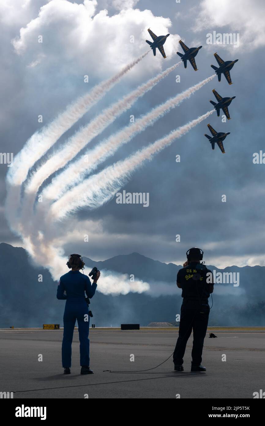 The U.S. Navy Blue Angels perform a stunt as part of the 2022 Kaneohe ...