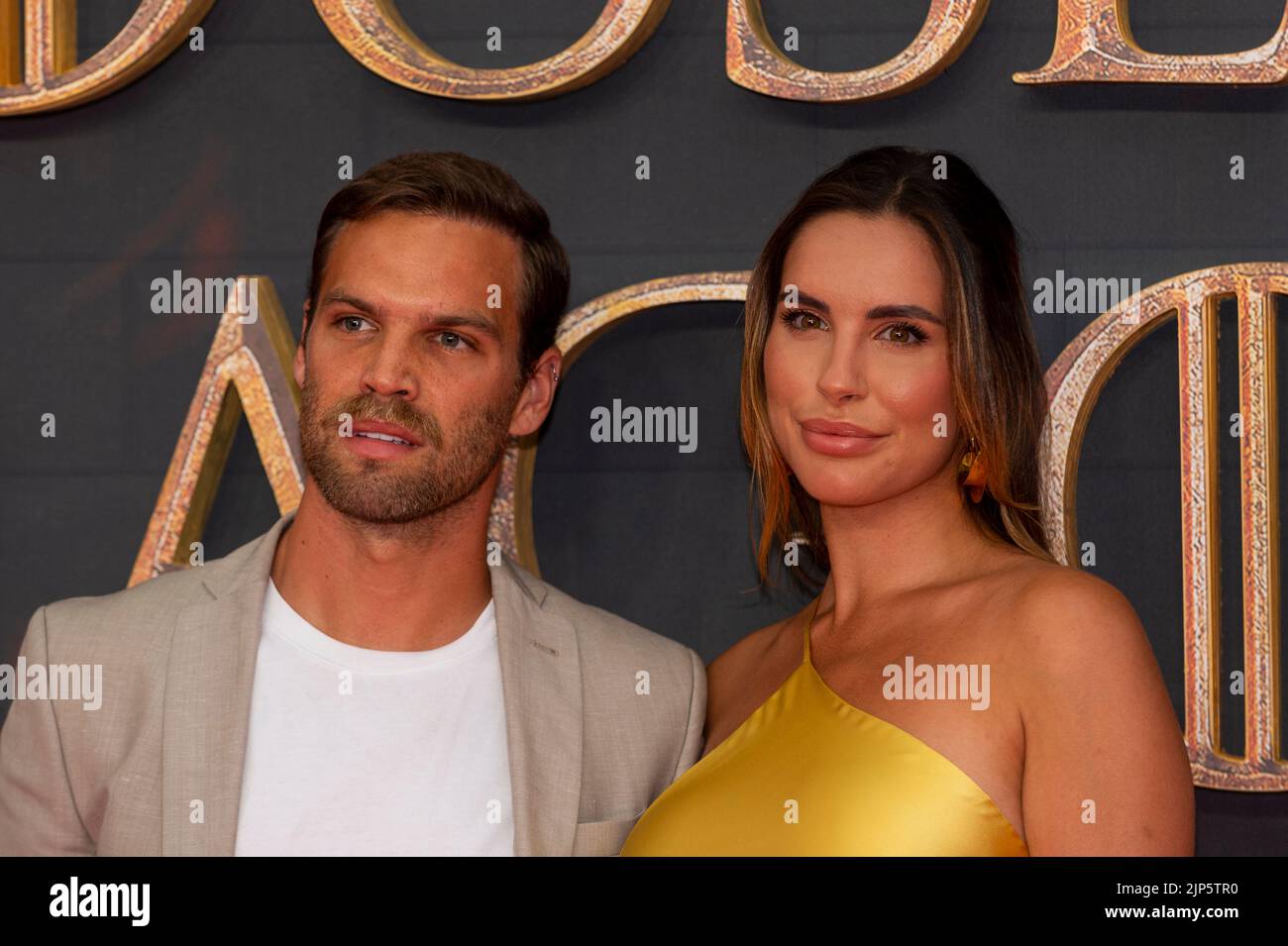 London, UK. 15 August 2022. Reality TV stars (L) Dom Lever and Jessica ...