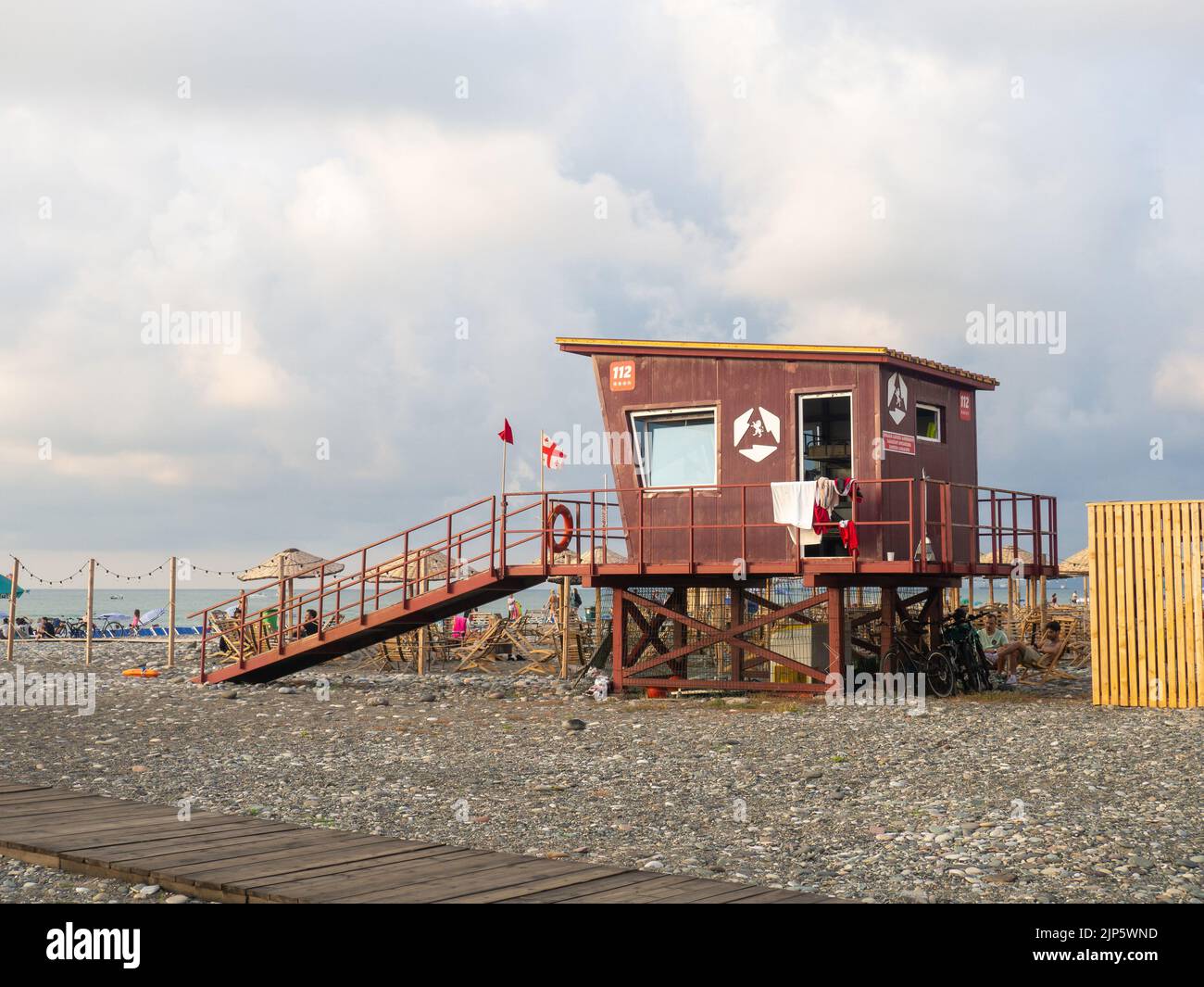 Lifeguard booth on the beach. Rescue post at sea. Protection. Wooden ...