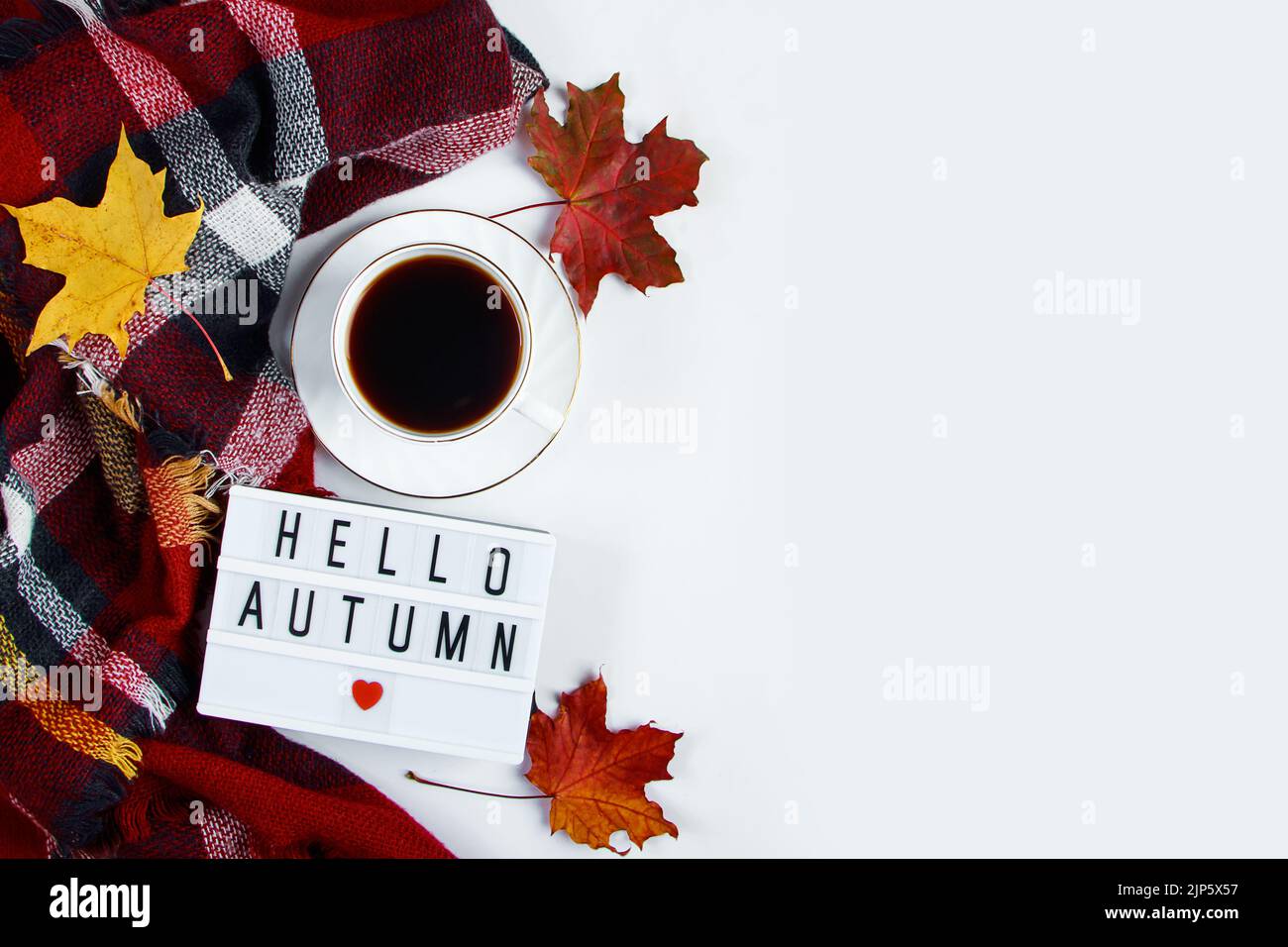 Warm checkered plaid and cup of hot espresso coffee on white background ...