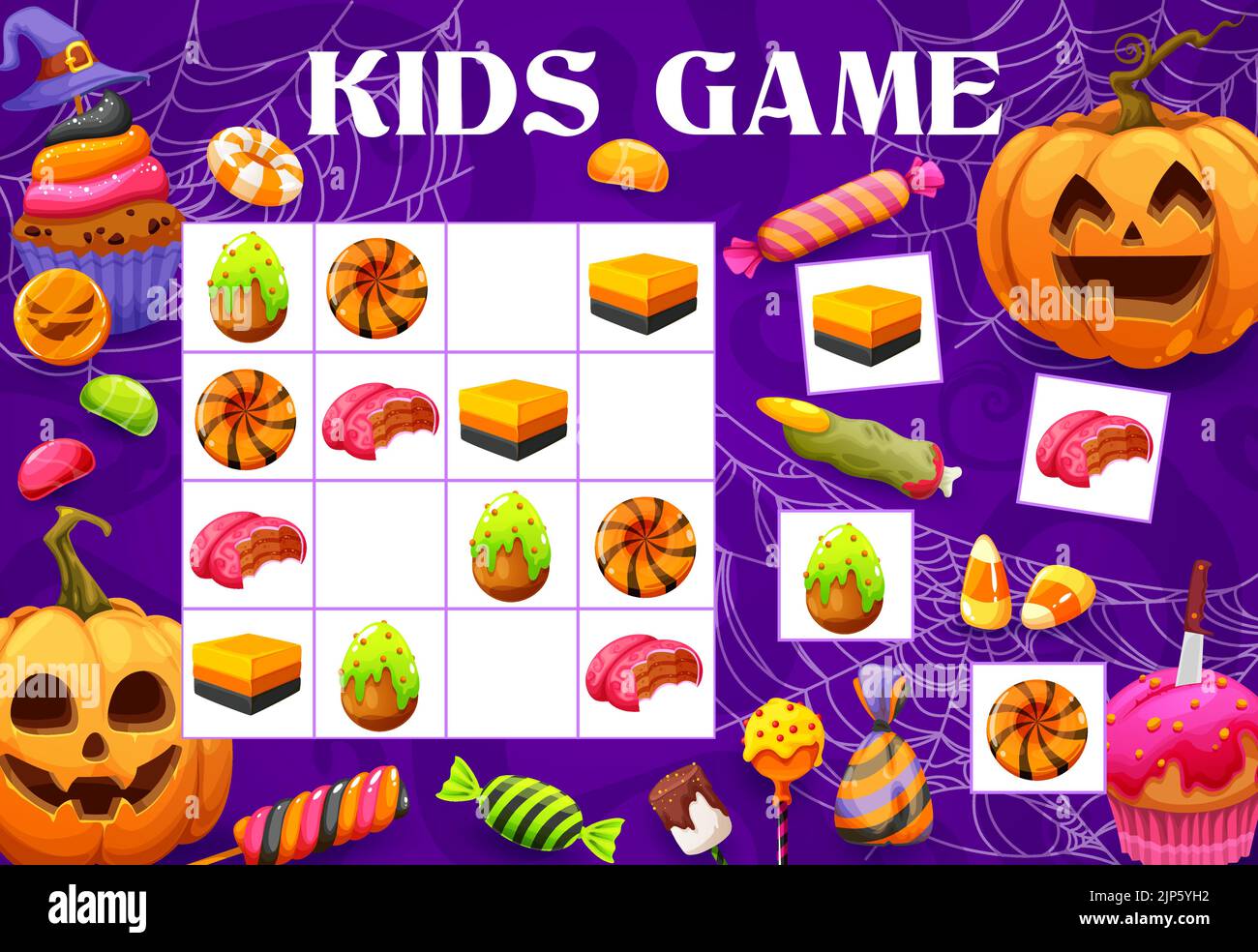 Sudoku kids game with Halloween holiday pumpkins, sweets and candies on ...