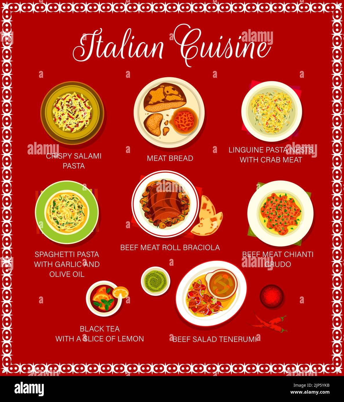 Italian cuisine restaurant menu template. Crispy salami pasta, meat ...