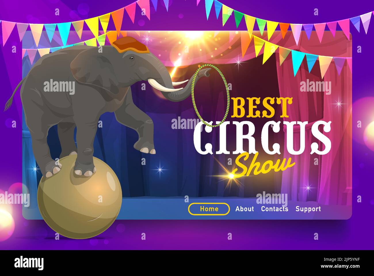 Cartoon trained elephant on a ball on circus stage. Chapiteau circus ...